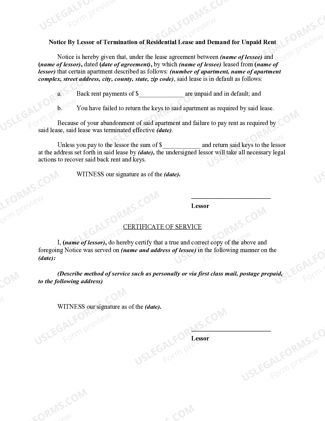 Delaware Notice by Lessor of Termination of Residential Lease and ...