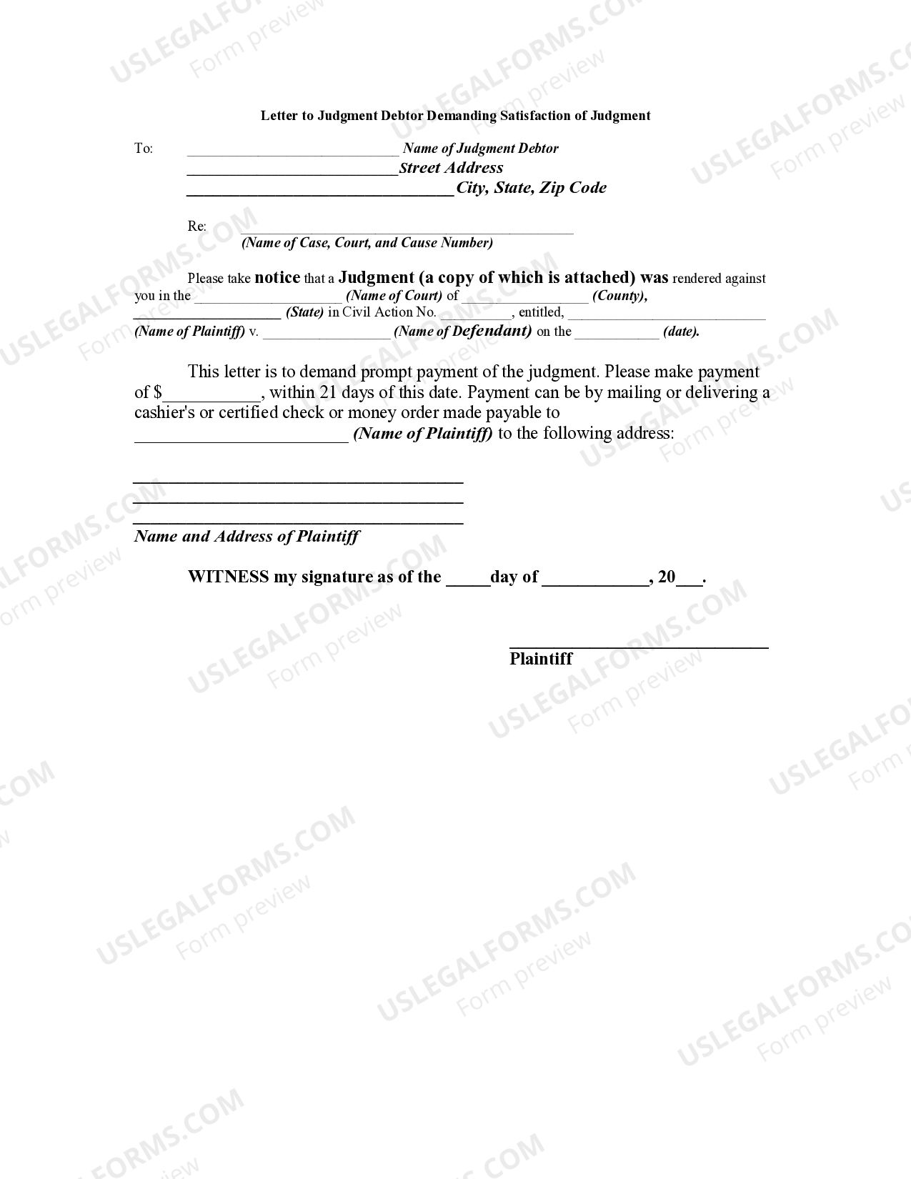 Letter to Judgment Debtor Demanding Satisfaction of Judgment - Judgment ...