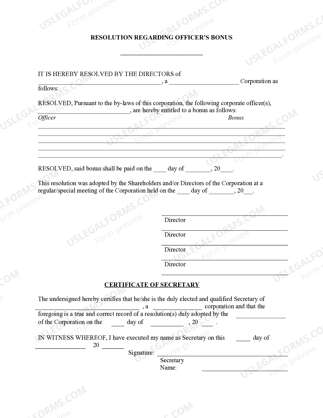 Officers Bonus - Resolution Form - Corporate Resolutions - Resolution ...
