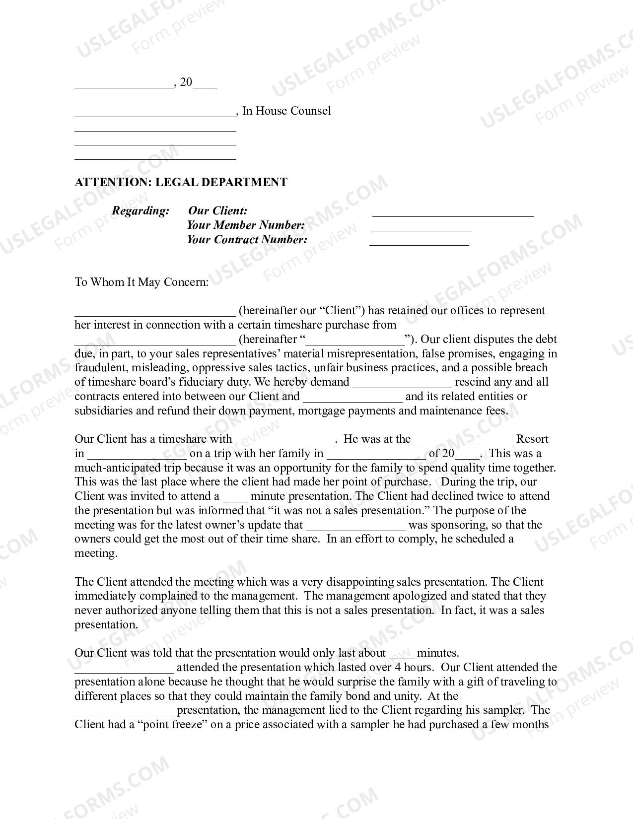 Demand Letter to Rescind Timeshare Contract | US Legal Forms