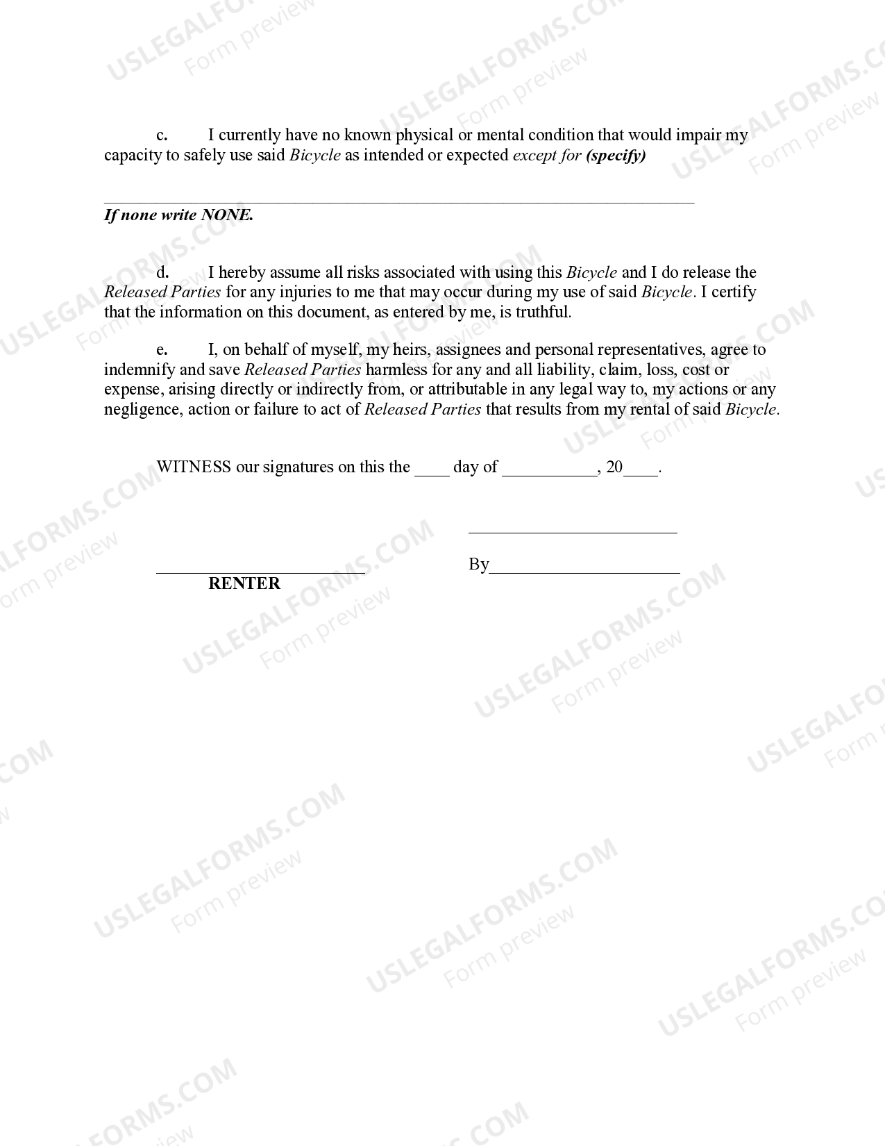Agreement to Rent Bicycle and Release of Liability | US Legal Forms