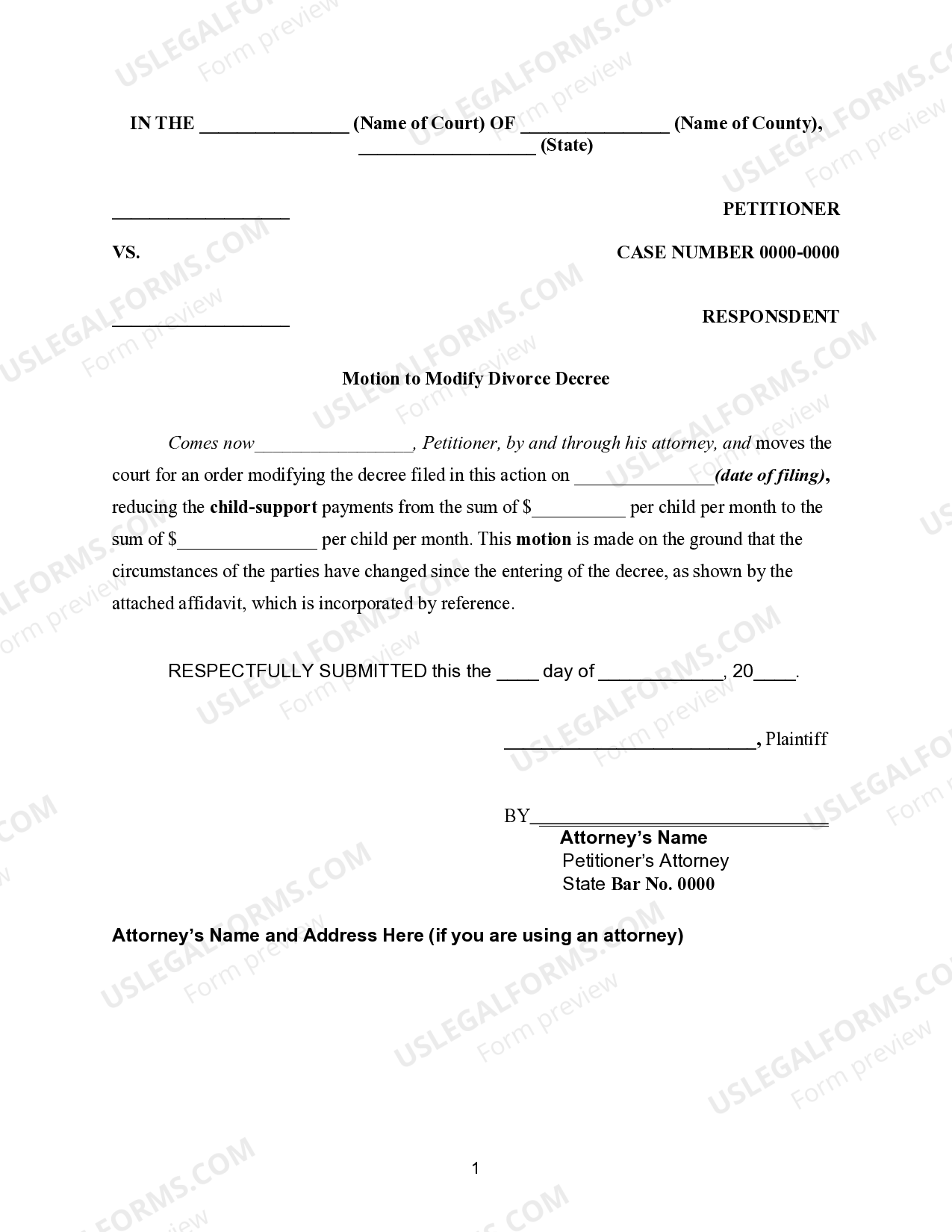 Motion To Modify Or Amend Divorce Decree To Provide For Decrease In Motion To Modify Or Amend Divorce Decree To Provide For Decrease In