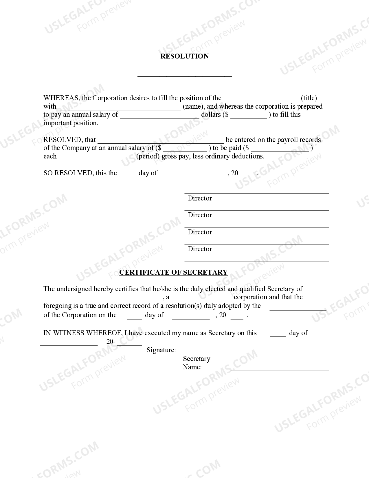 Utah Officers Salary - Resolution Form - Corporate Resolutions | US ...