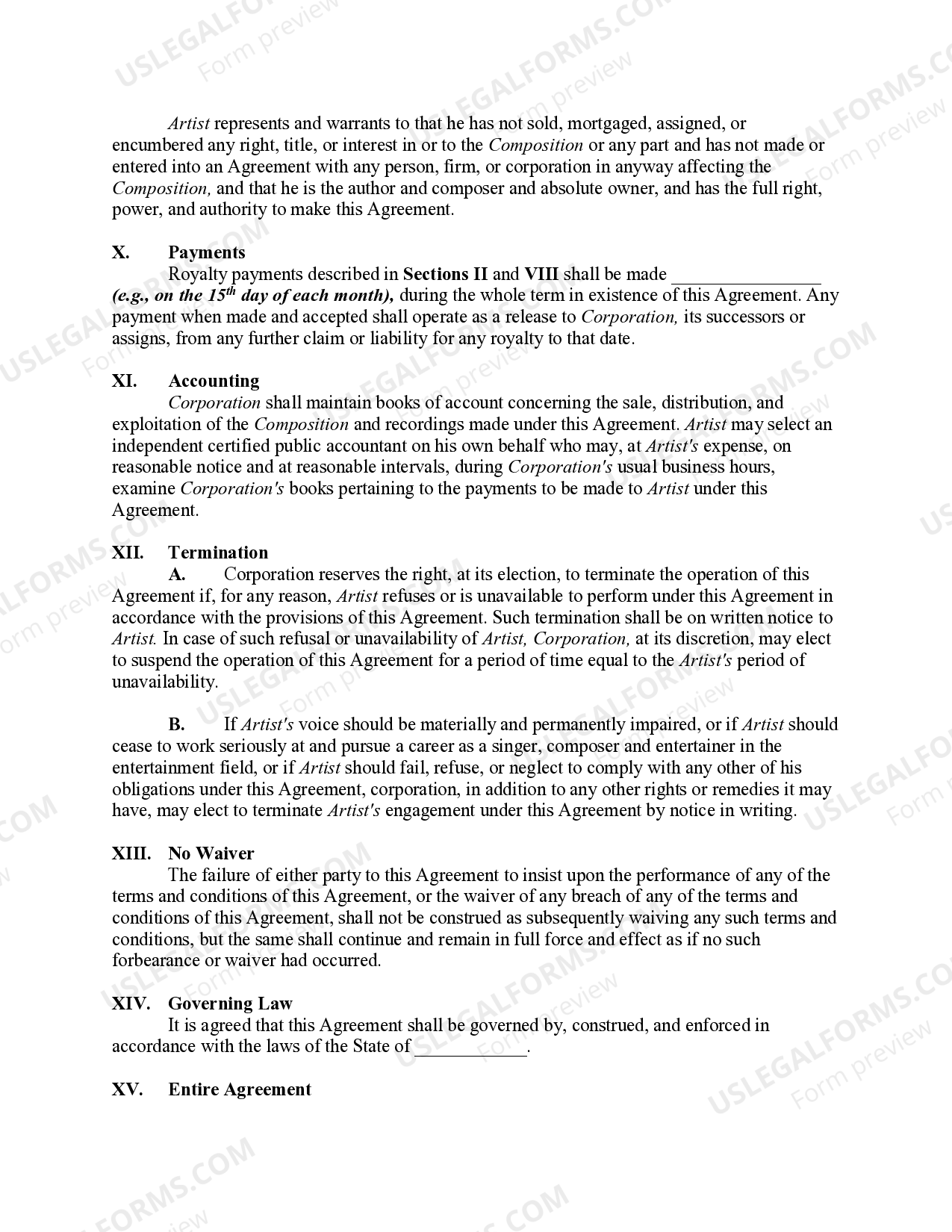 Recording Agreement and Contract with Publisher for Exploitation of ...