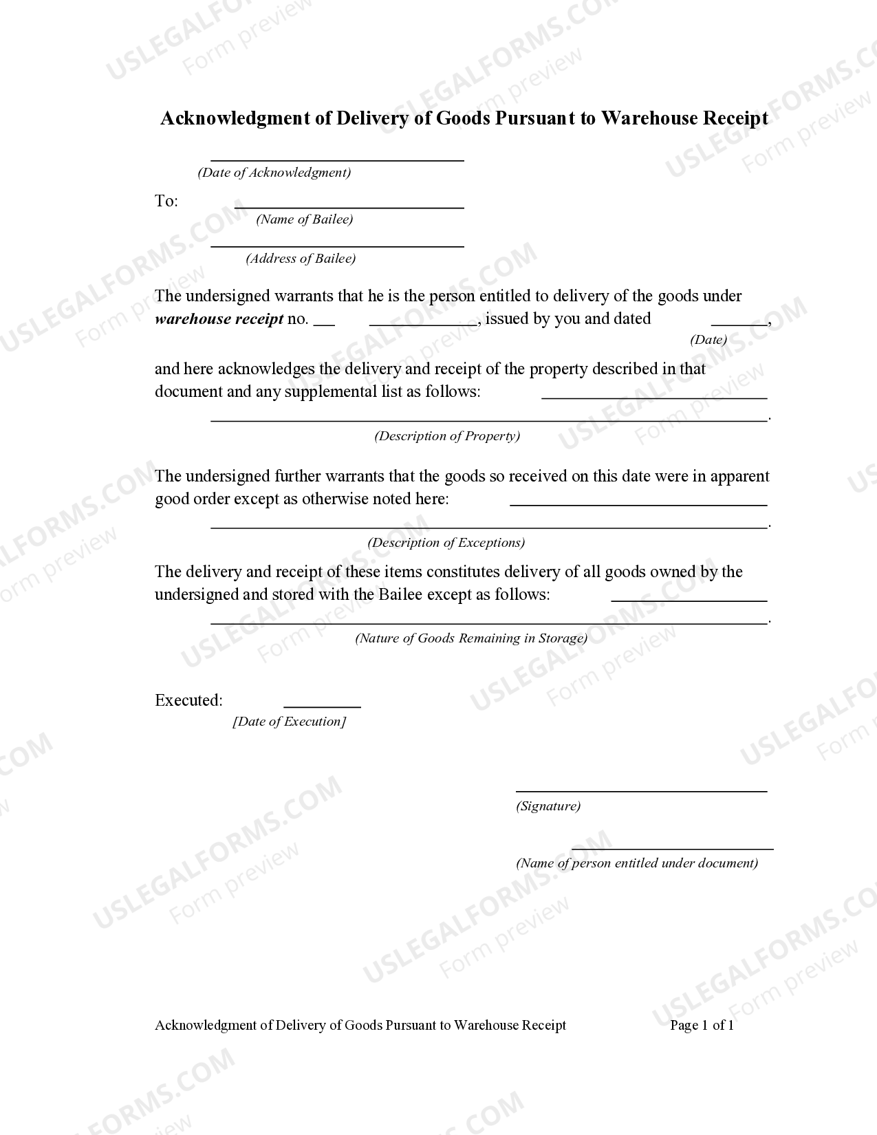 Michigan Acknowledgment of Delivery of Goods Pursuant to Warehouse ...