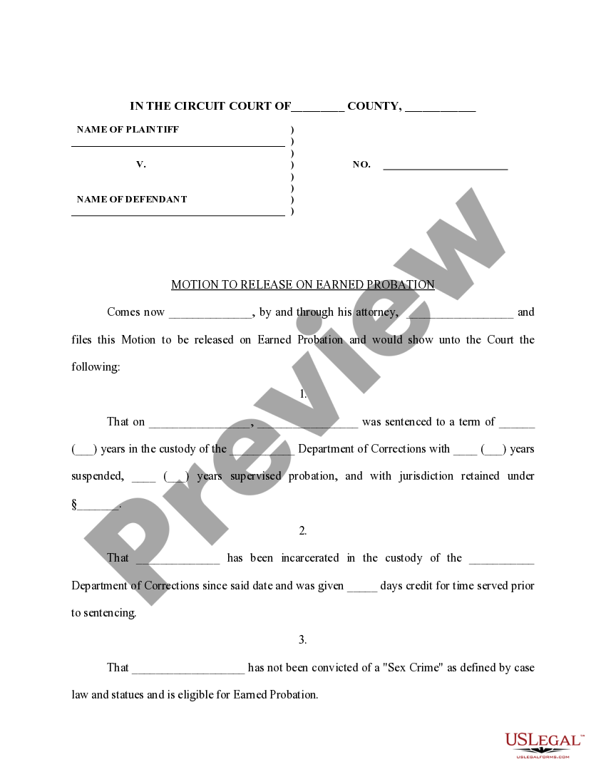 Motion To Release On Earned Probation Probation Release US Legal Forms