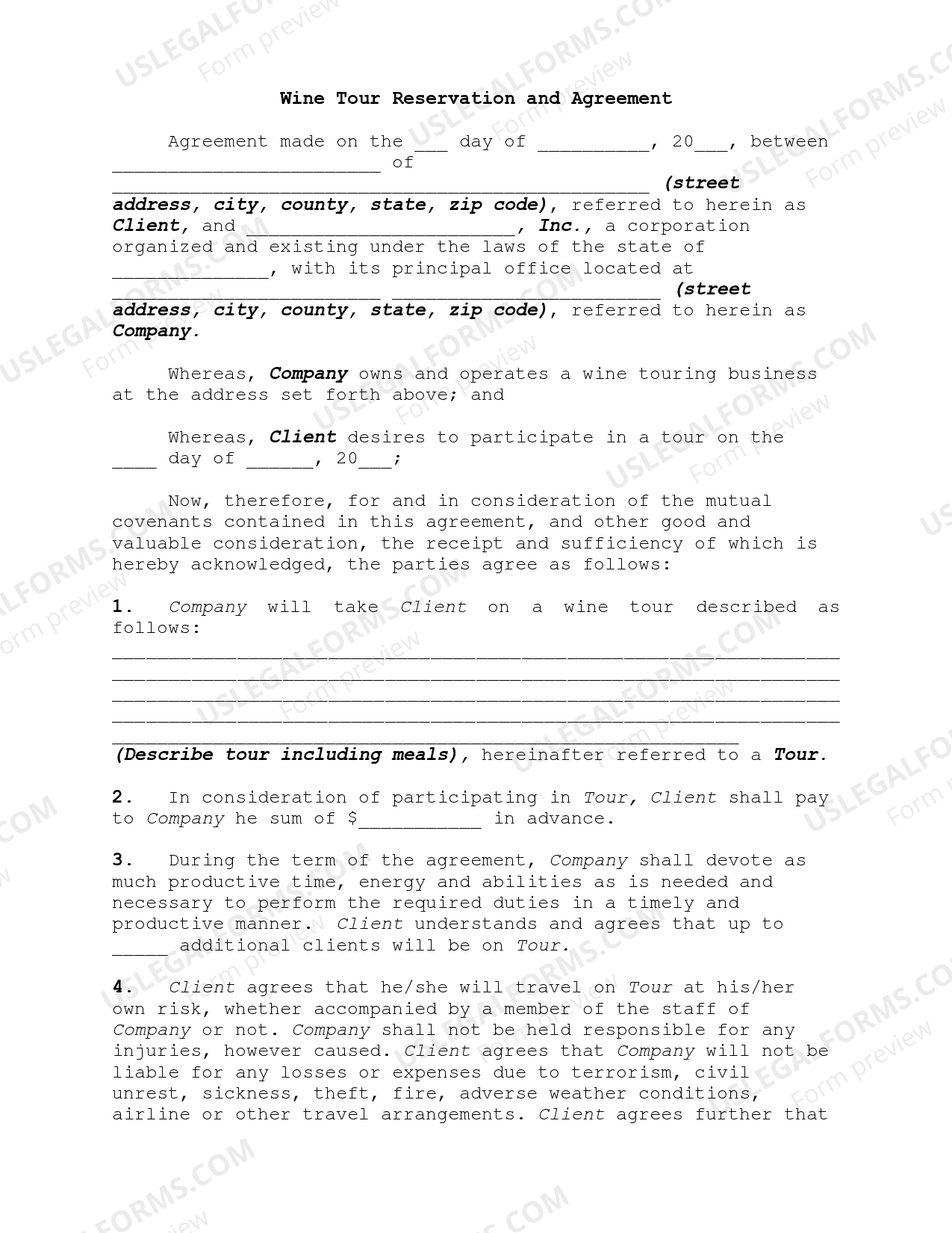 Illinois Wine Tour Reservation and Agreement - Reservation Agreement ...