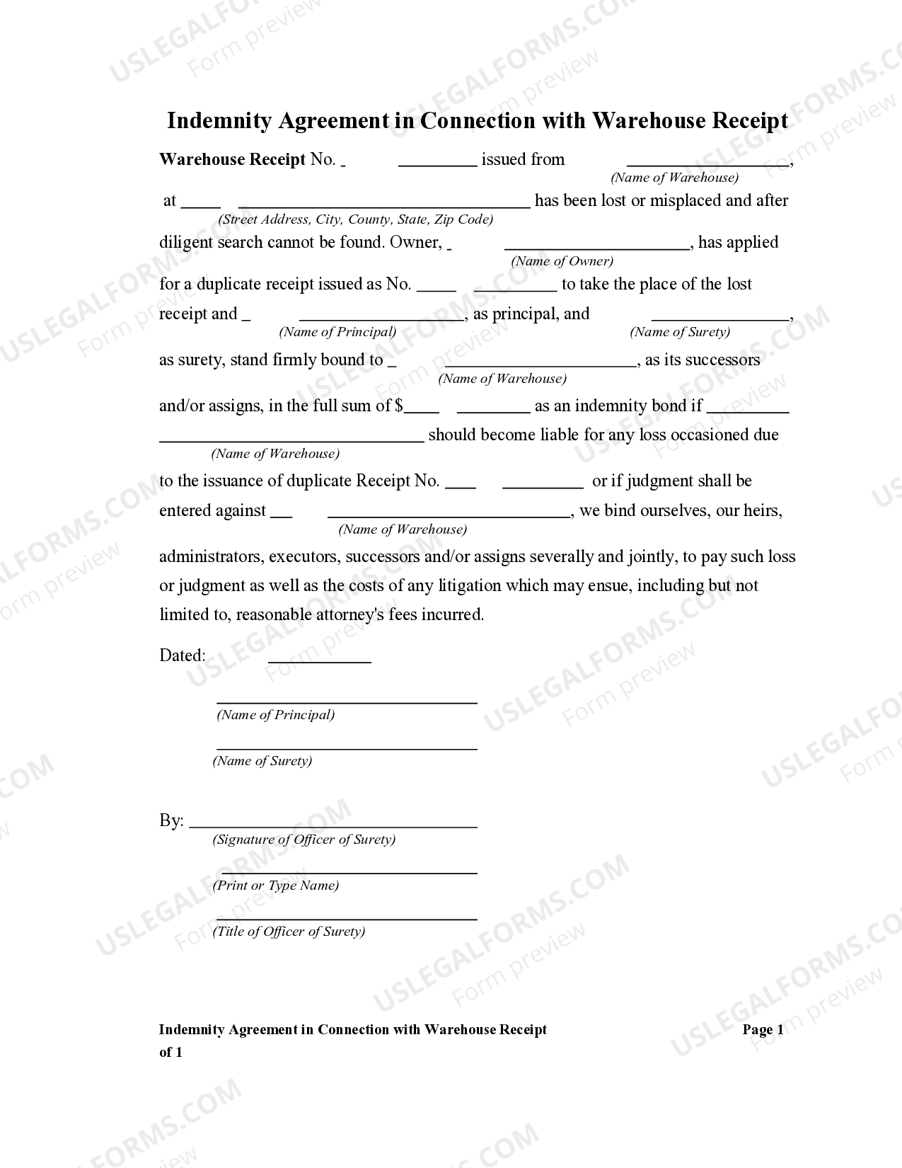 Washington Indemnity Agreement in Connection with Warehouse Receipt ...