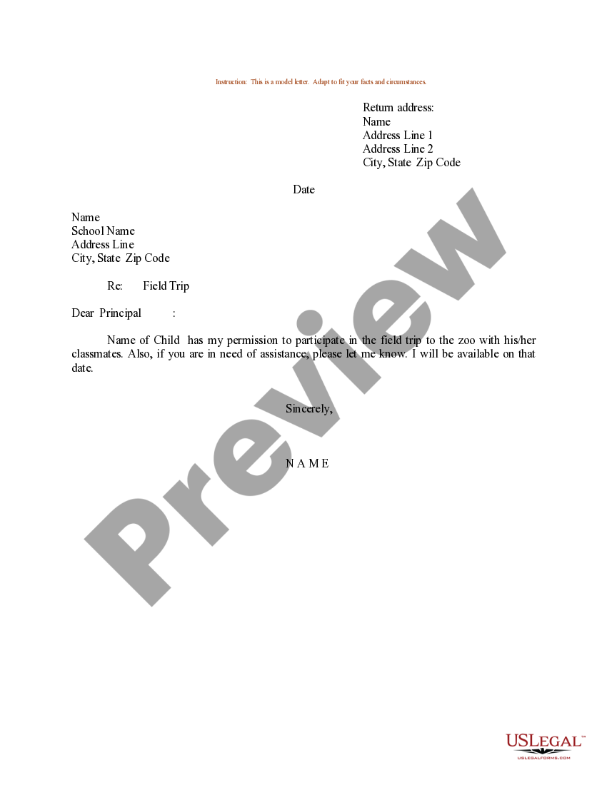 Montana Sample Letter For Field Trip Sample Letter Trip US Legal Forms