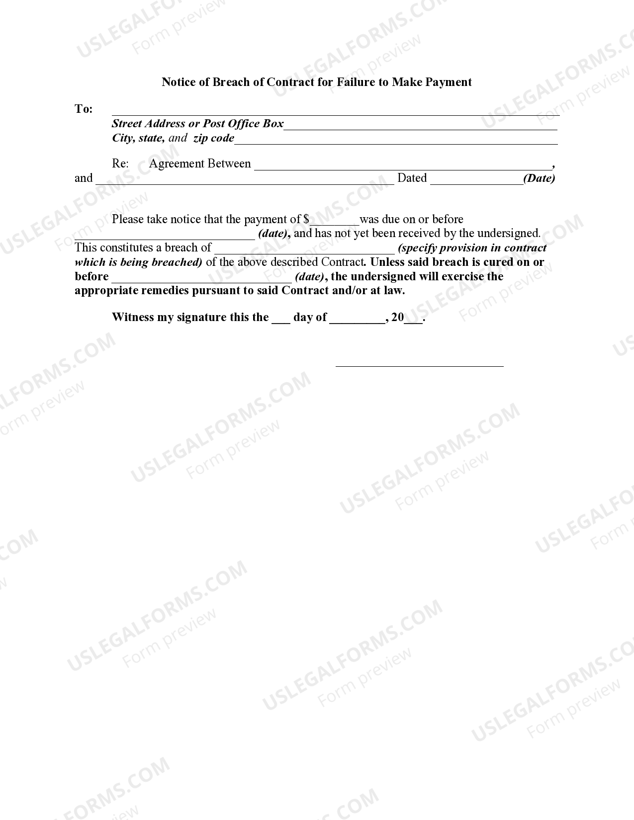 Mississippi Notice of Breach of Contract for Failure to Make Payment ...