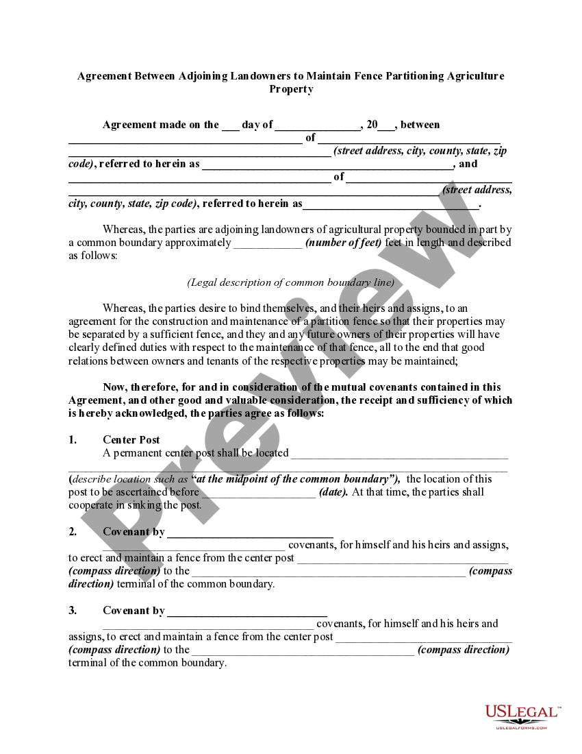 Agreement Between Adjoining Landowners To Maintain Fence Partitioning Agriculture Property