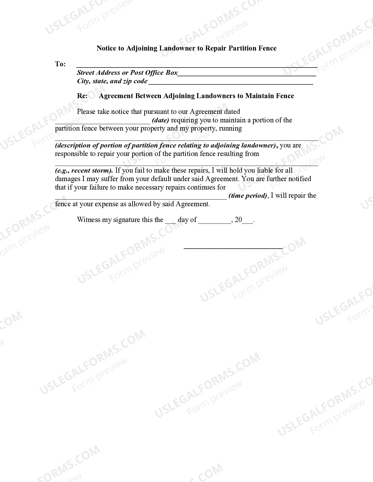 Notice to Adjoining Landowner to Repair Partition Fence - Notice ...