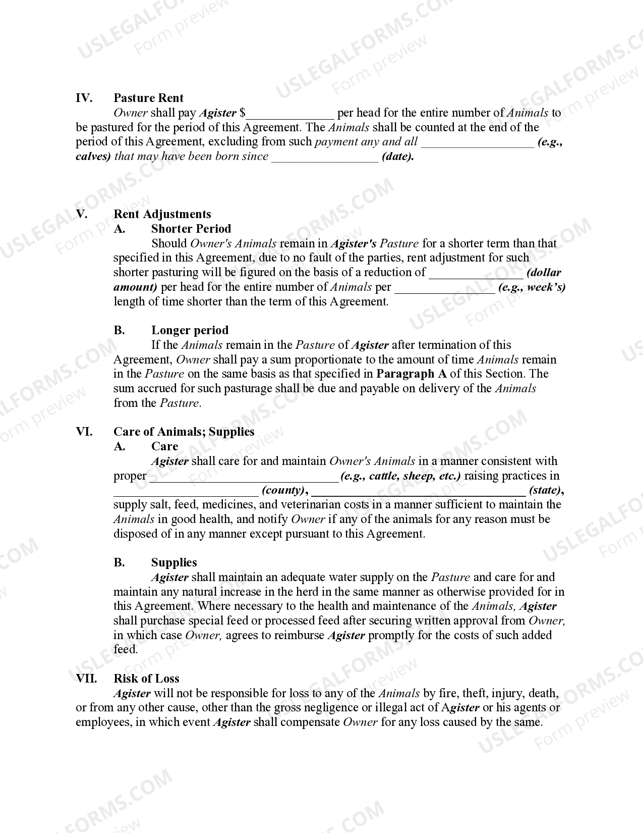 General Form of Agistment Agreement or Contract | US Legal Forms