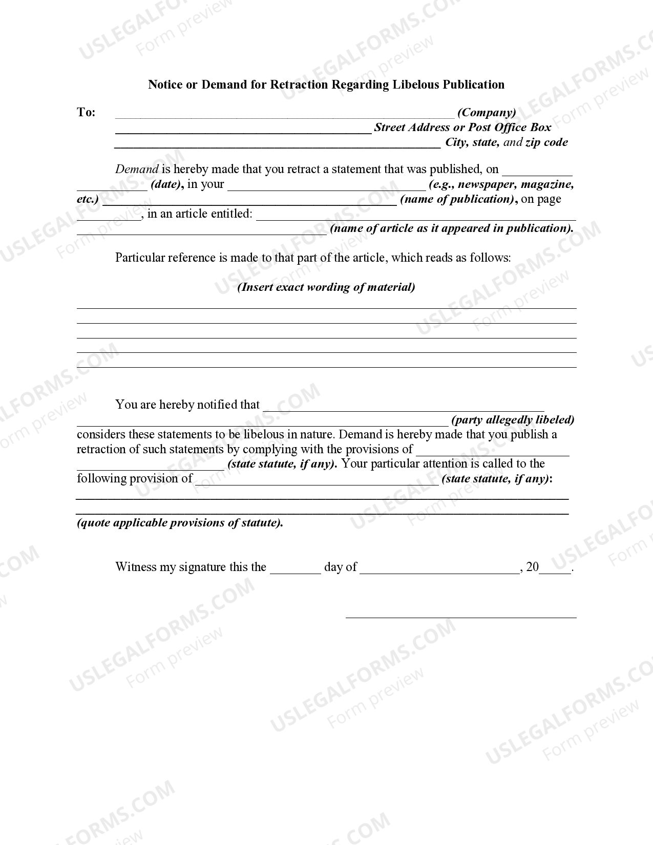 Notice or Demand for Retraction Regarding Libelous Publication ...