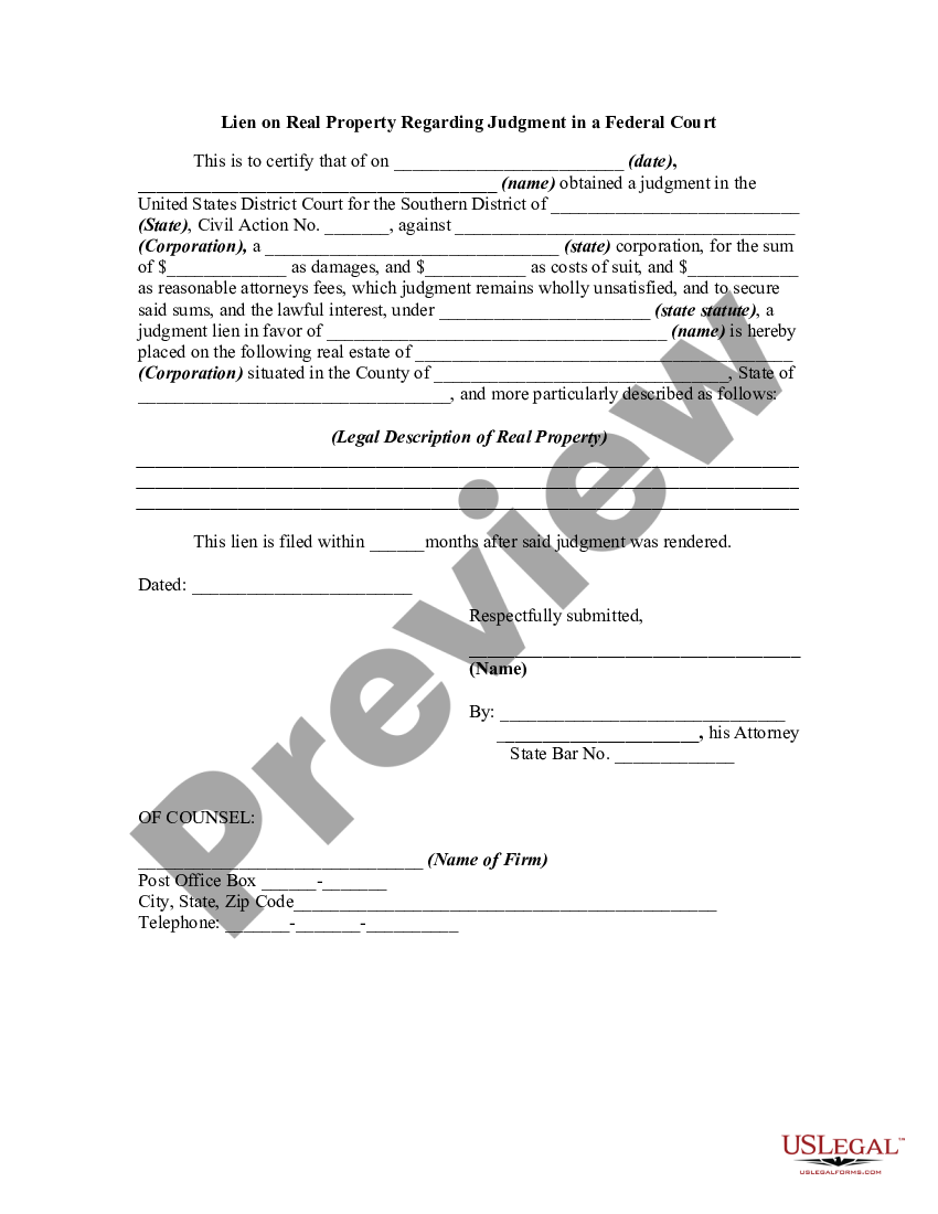 Lien On Real Property Regarding Judgment In A Federal Court Lien