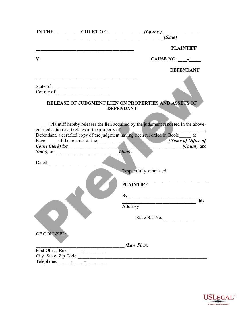 Los Angeles California Release Of Judgment Lien On Properties And