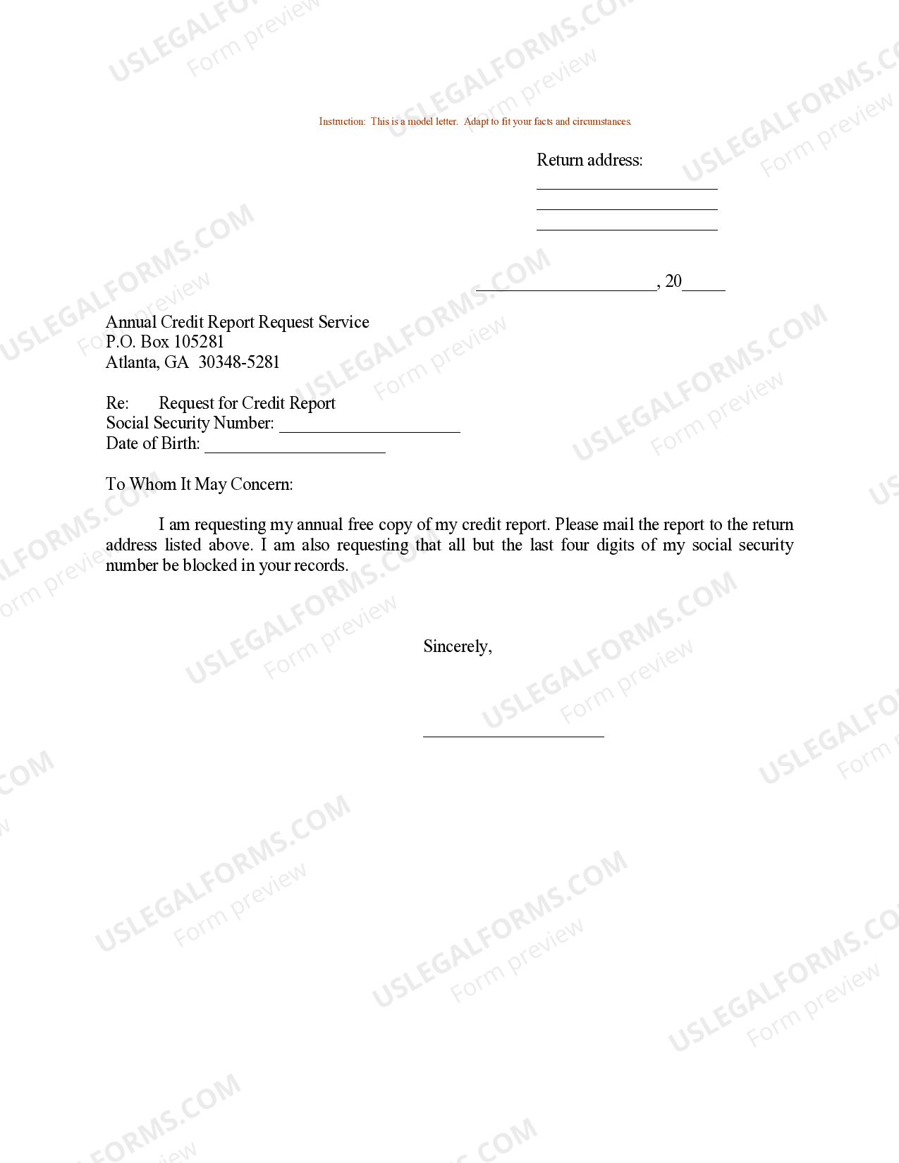 Texas Sample Letter for Request for Free Credit Report Allowed by ...