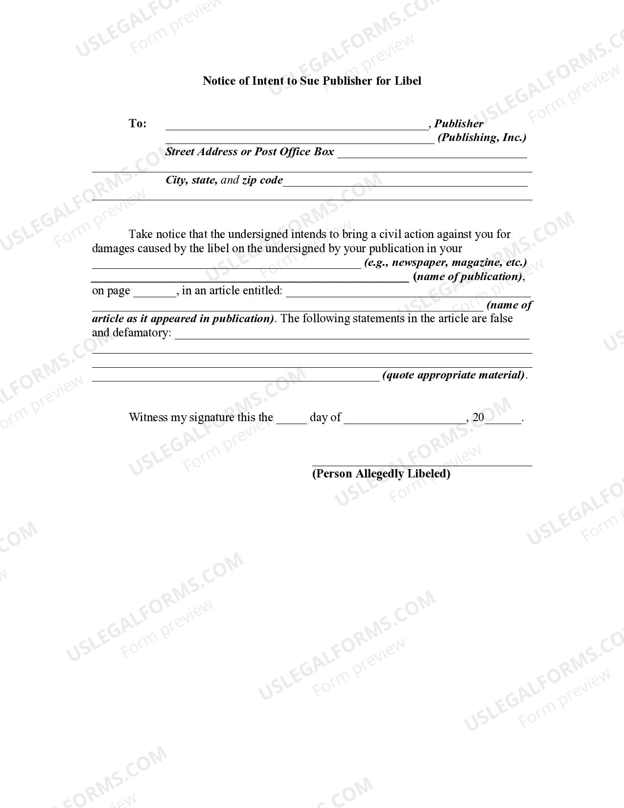 Notice of Intent to Sue Publisher for Libel - Sue Libel | US Legal Forms