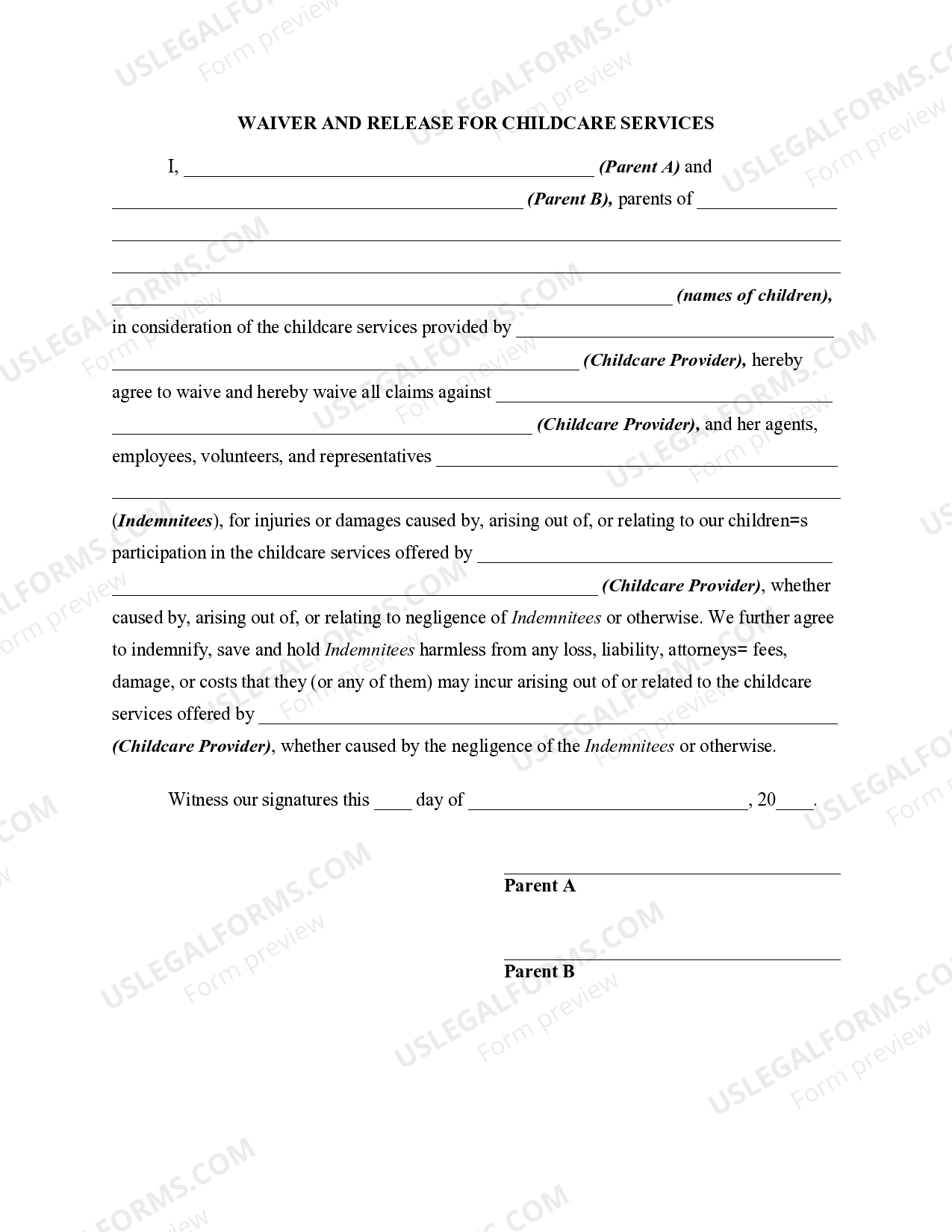 Delaware Waiver and Release for Daycare or Childcare Services - Waiver ...