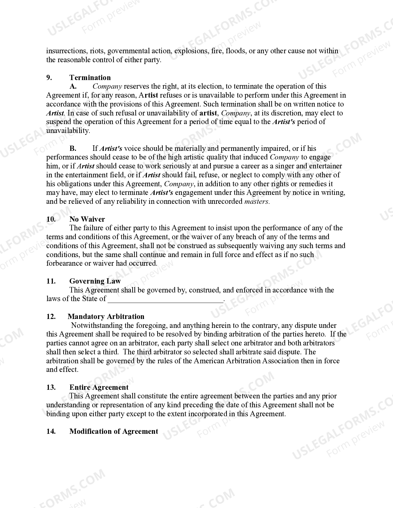 Arizona Exclusive Recording Contract or Agreement with Recording Artist ...