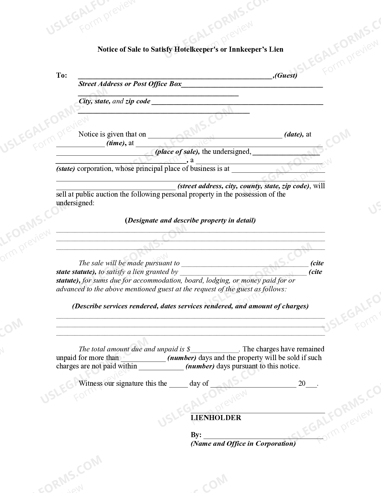 Notice of Sale to Satisfy Hotelkeeper's or Innkeeper's Lien - Innkeeper ...