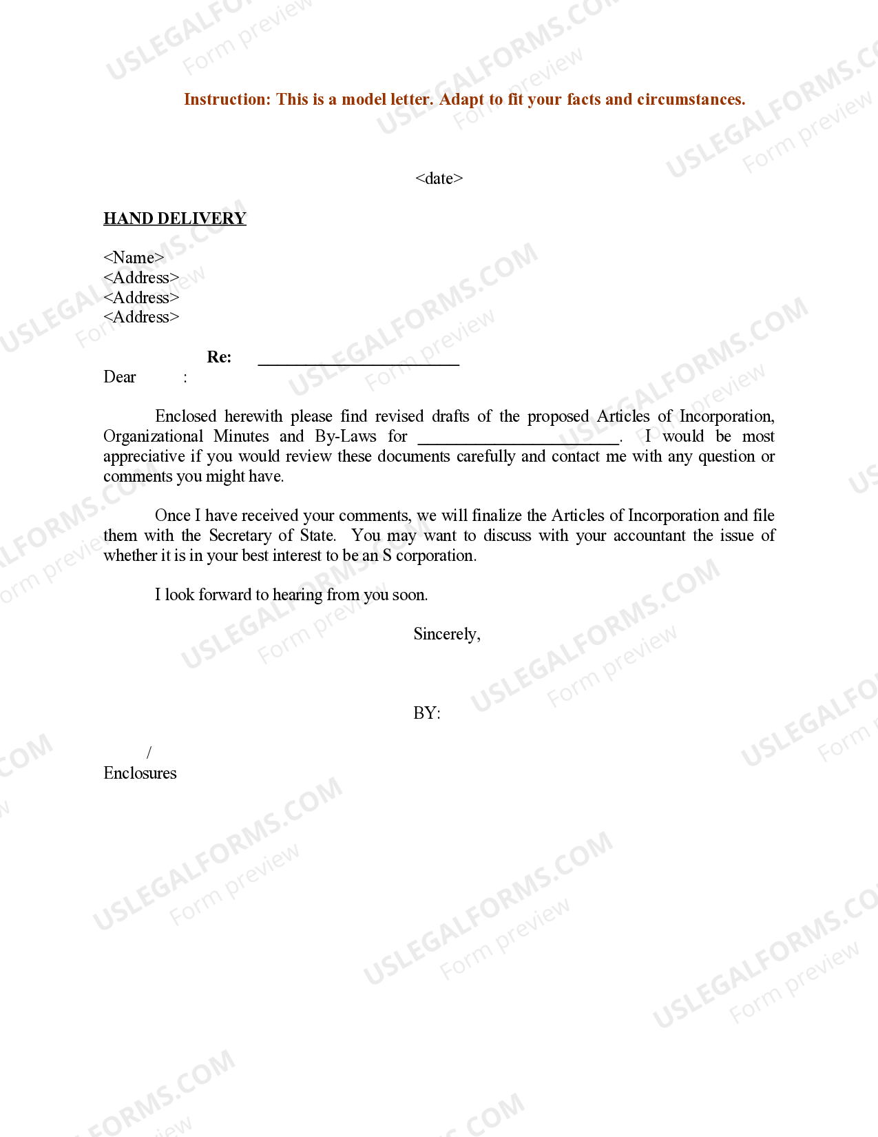 Sample Letter regarding Revised Drafts of Articles of Incorporation ...