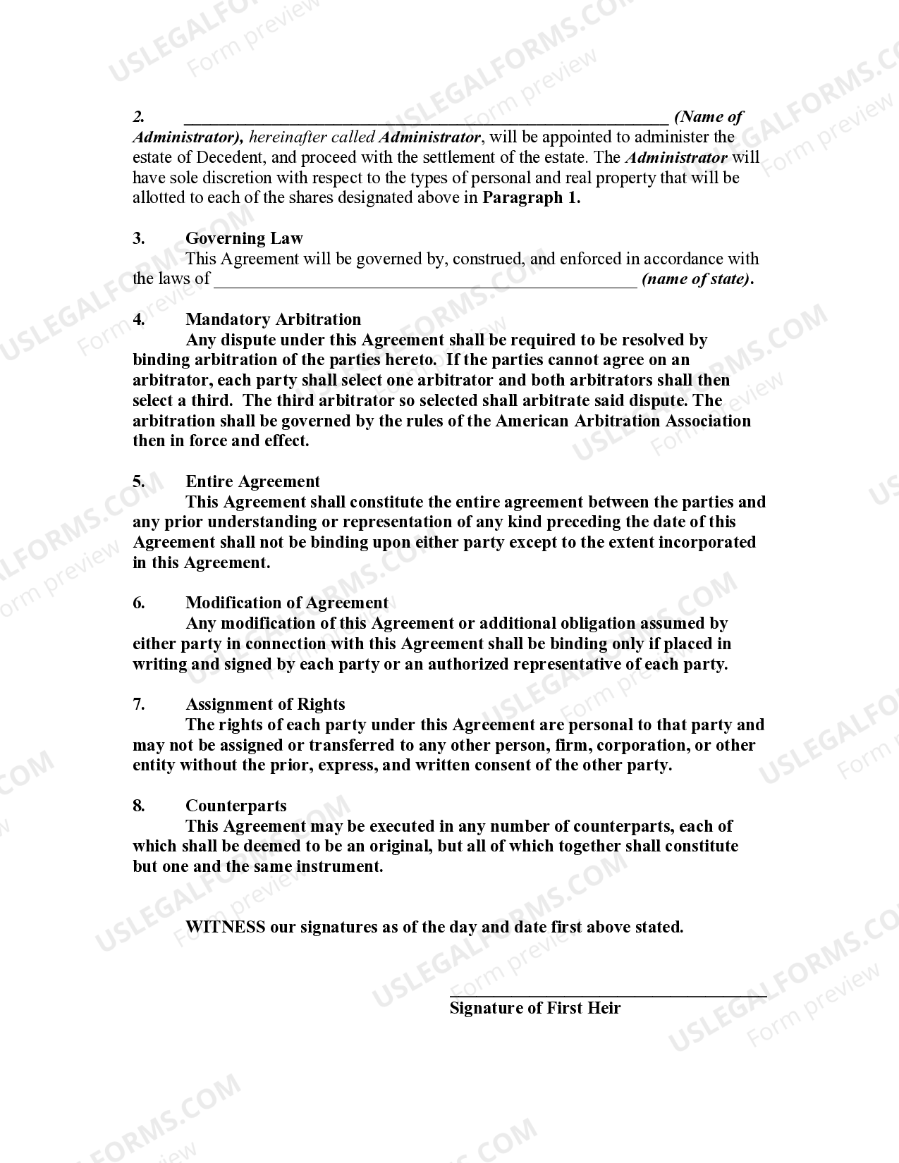 Agreement Between Heirs and Third Party Claimant as to Division of ...