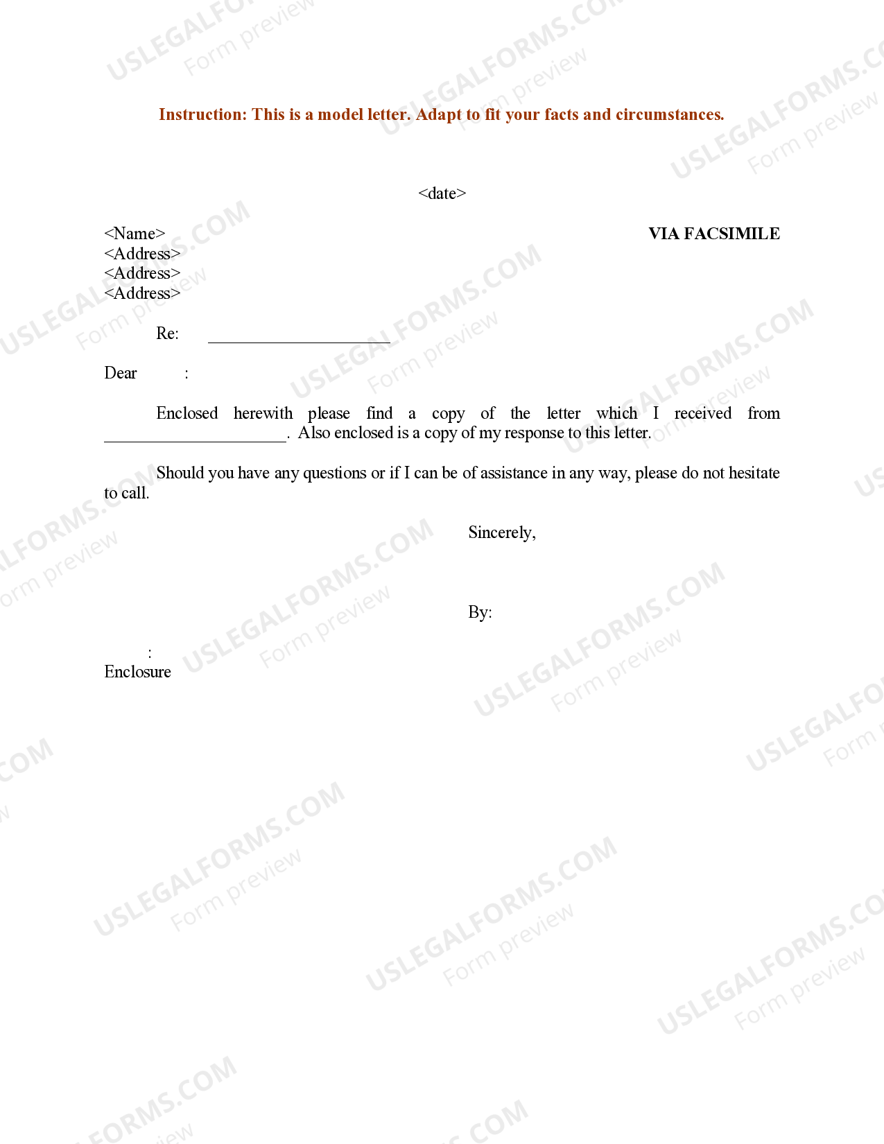 Sample Letter Sent to Client via Fax - Via Fax On Letter | US Legal Forms