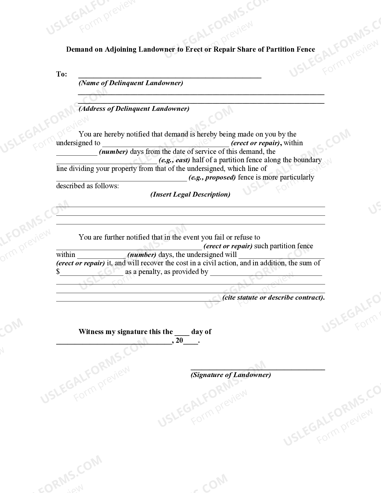 Demand on Adjoining Landowner to Erect or Repair Share of Partition ...