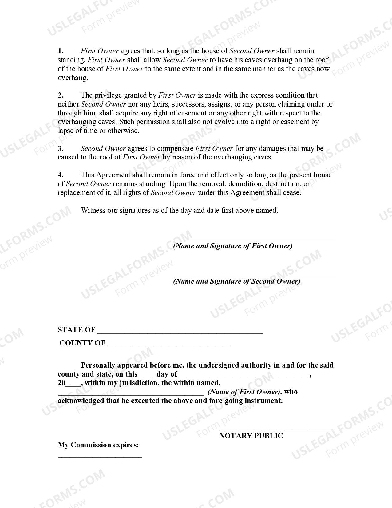 Washington Agreement Between Adjoining Landowners Regarding Overhanging Eaves - Agreement ...