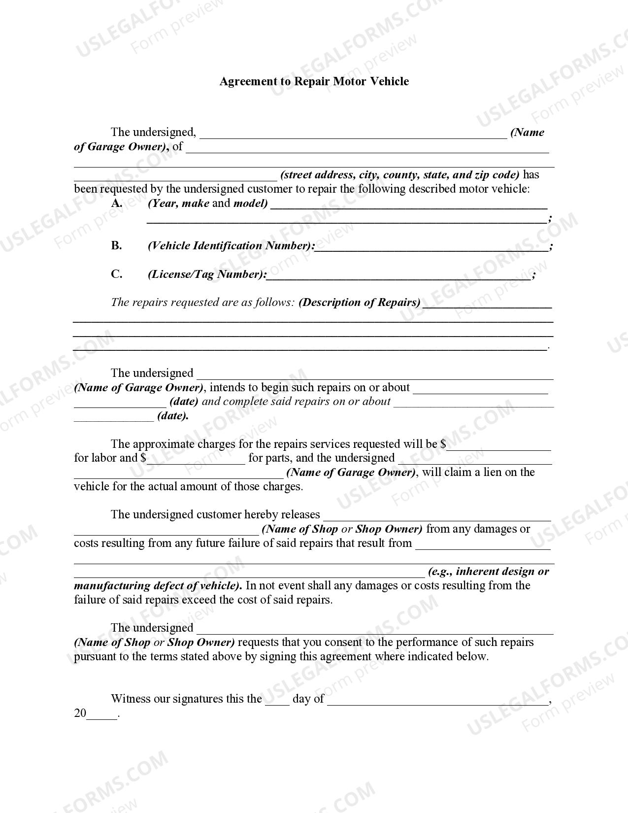 Agreement to Repair Motor Vehicle - Terms And Conditions Of Motor ...