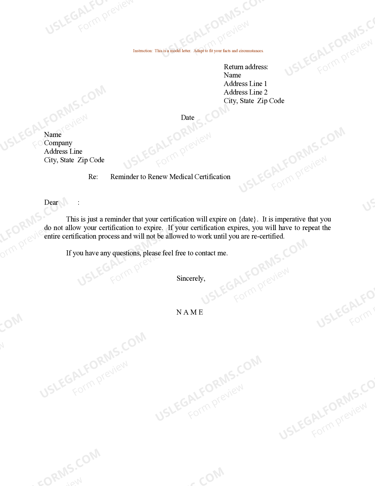Colorado Sample Letter for Reminder to Renew Medical Certification ...