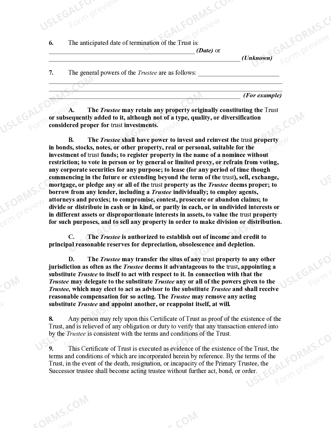 Certificate of Trust for Testamentary Trust | US Legal Forms
