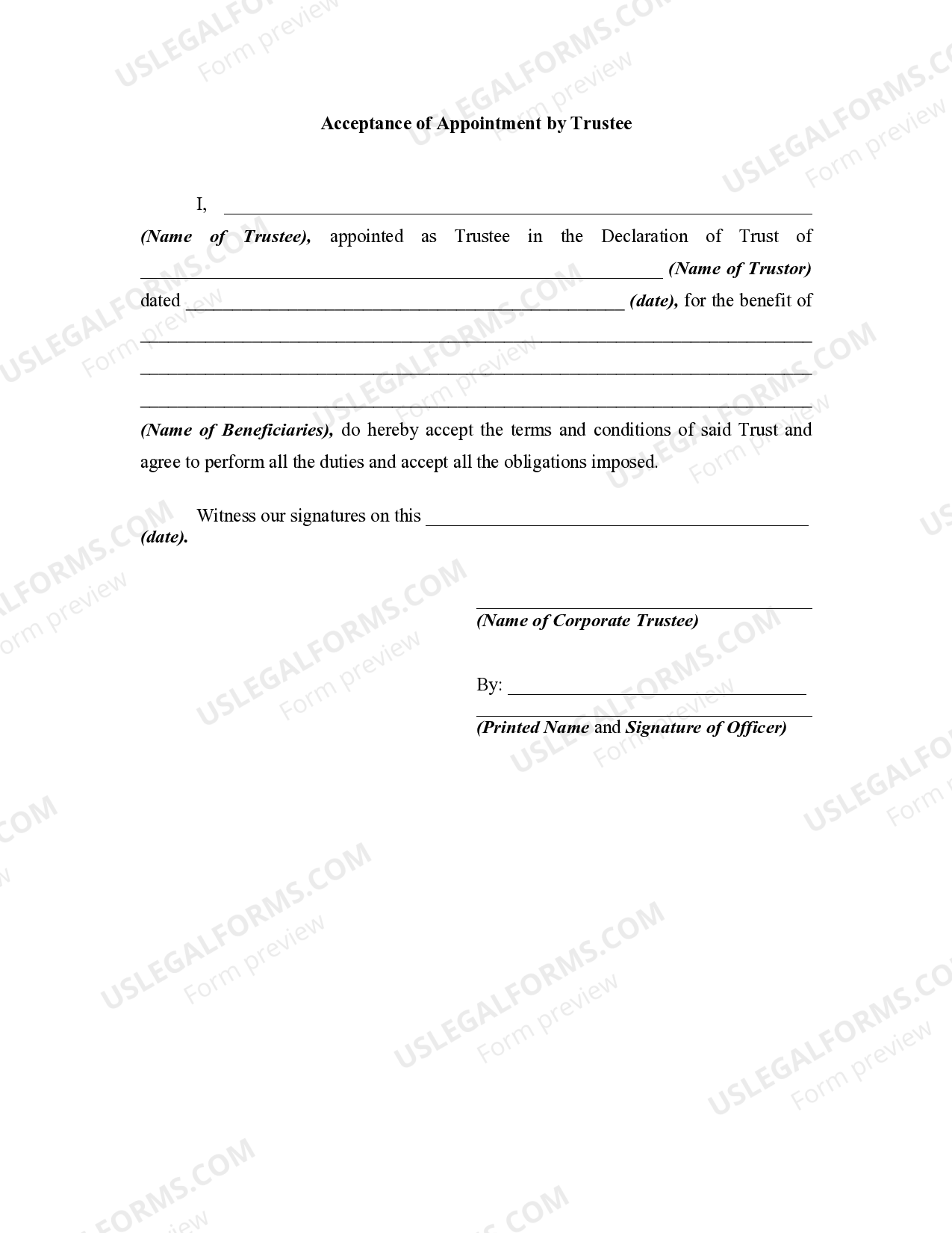 Acceptance of Appointment by Trustee - Acceptance Trustee Form | US ...