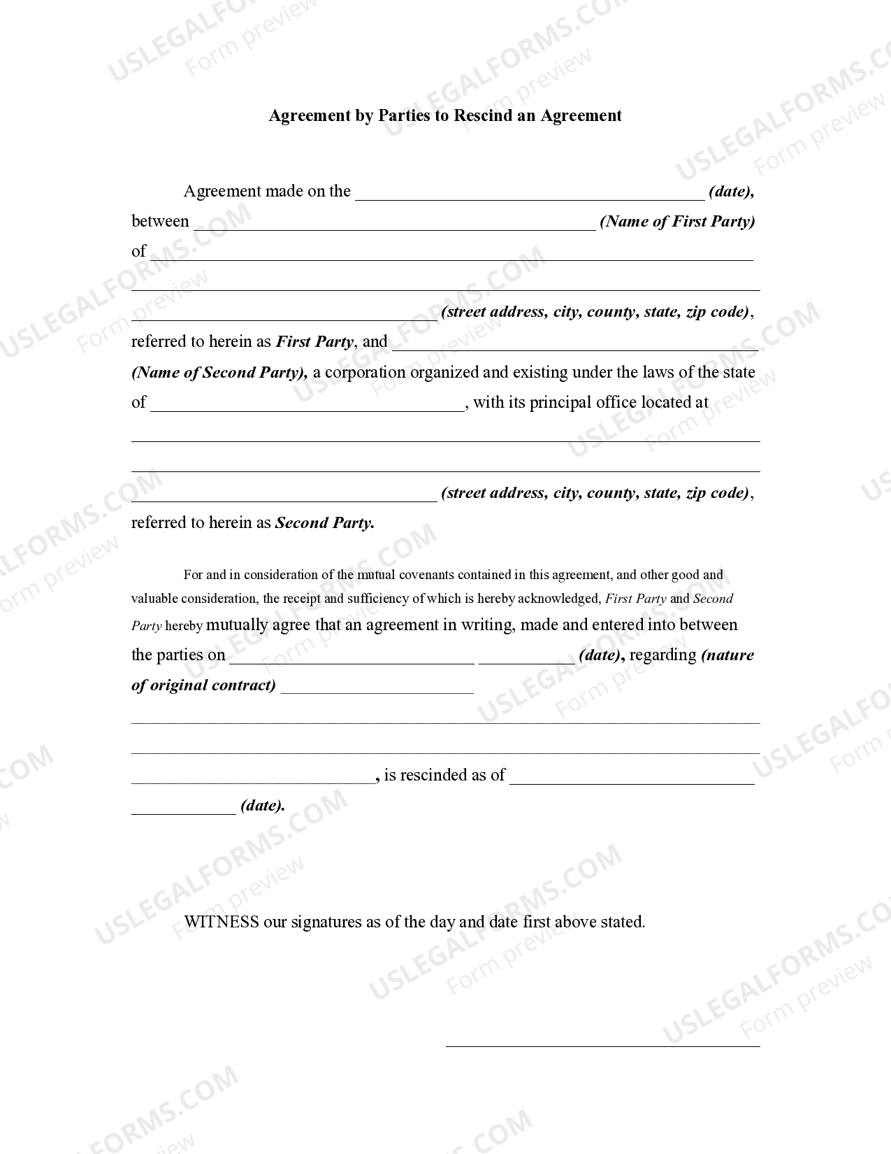 Virginia Agreement by Parties to Rescind an Agreement - Agreement ...