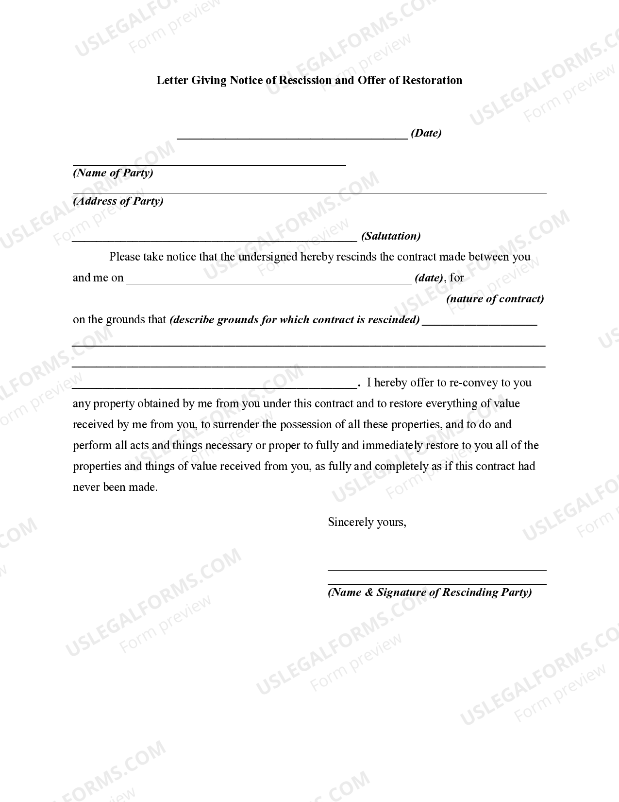 Wyoming Letter Giving Notice of Rescission and Offer of Restoration ...