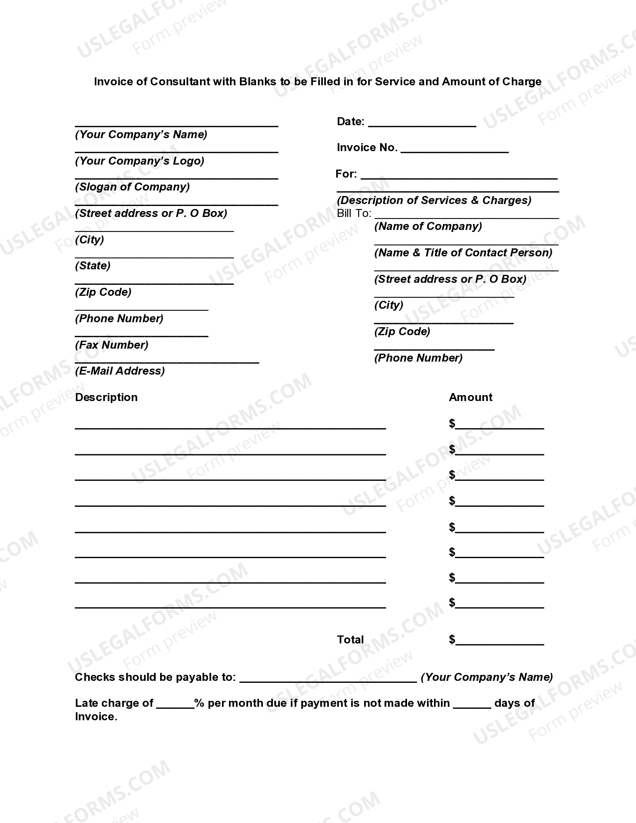 Utah Invoice of Consultant with Blanks to be Filled in for Service and ...