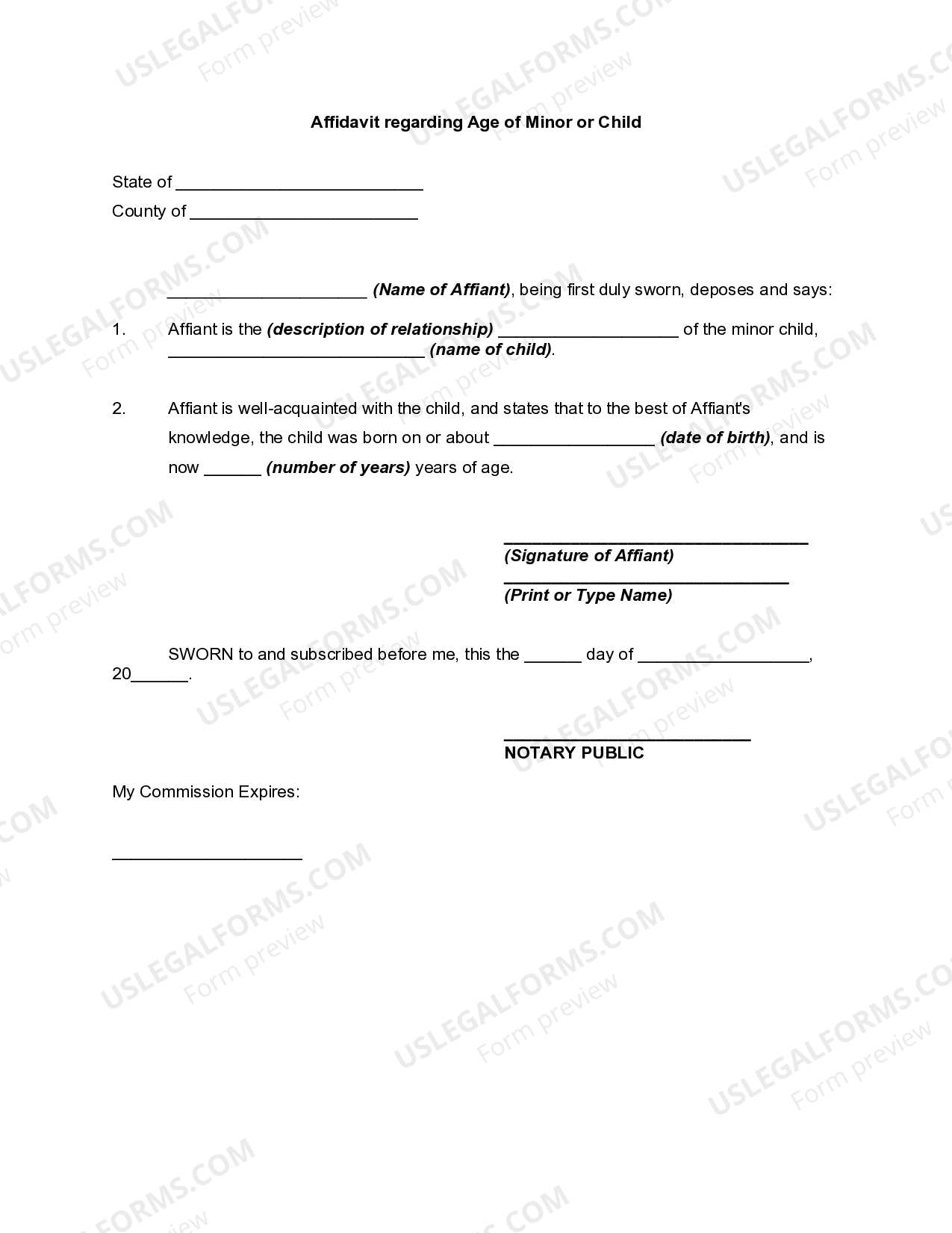 Affidavit regarding Age of Minor or Child - Regarding Age Draft | US ...