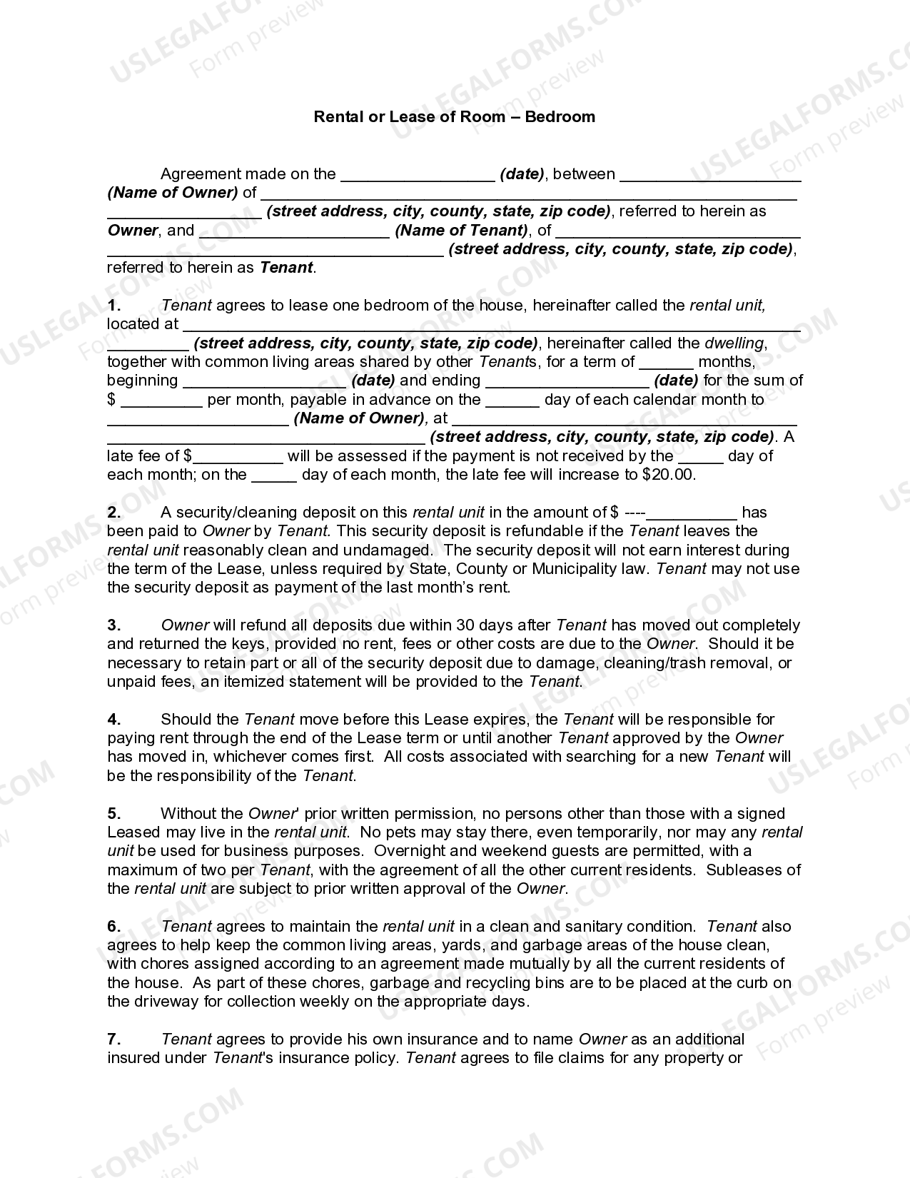 Rental Lease Agreement for a Room - Rental Lease Room | US Legal Forms