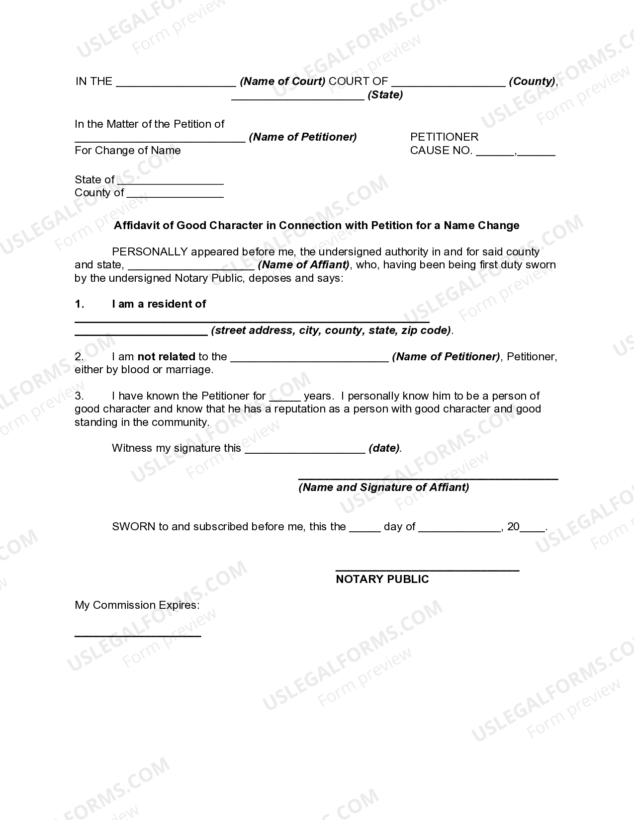 Oklahoma Affidavit in of Good Character in Connection with Petition for ...