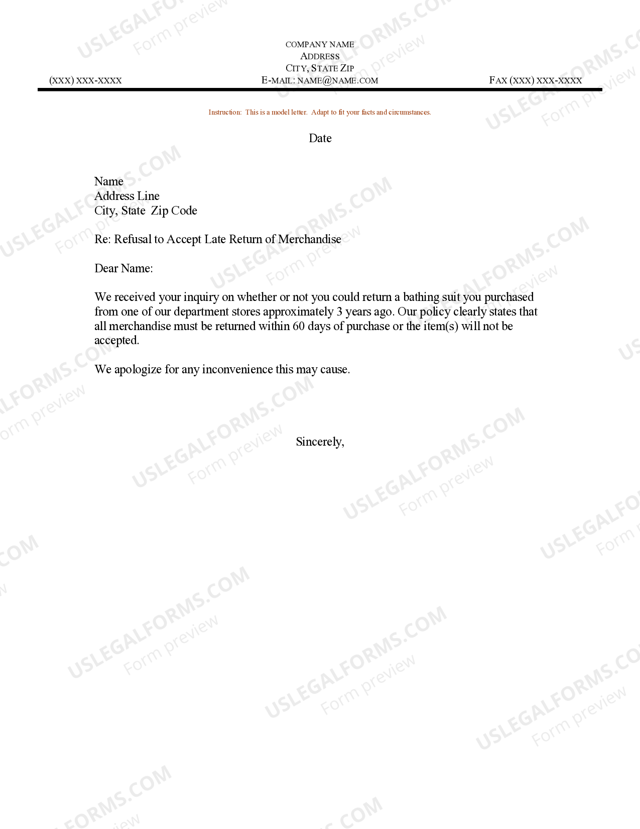 Kansas Sample Letter for Refusal to Accept Late Return of Merchandise ...
