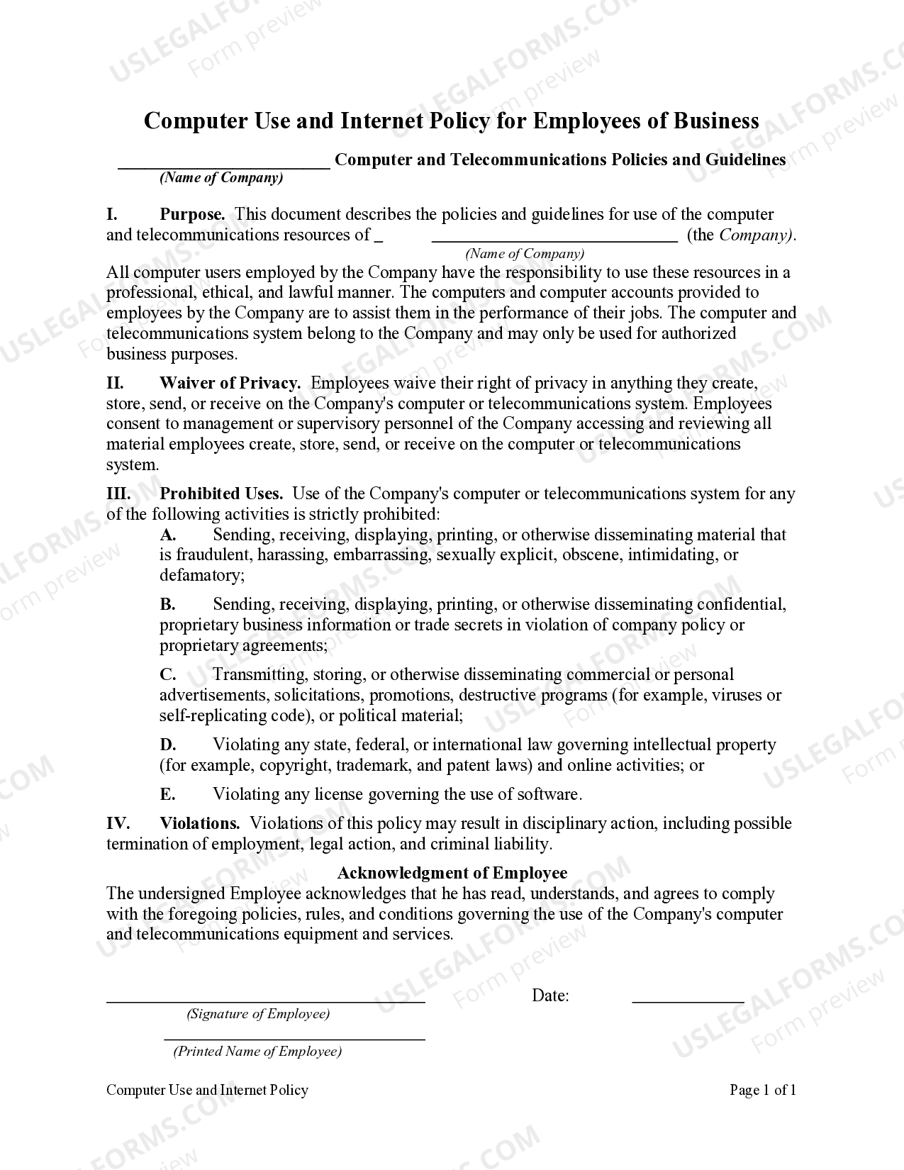 Michigan Computer Use and Internet Policy for Employees of Business ...