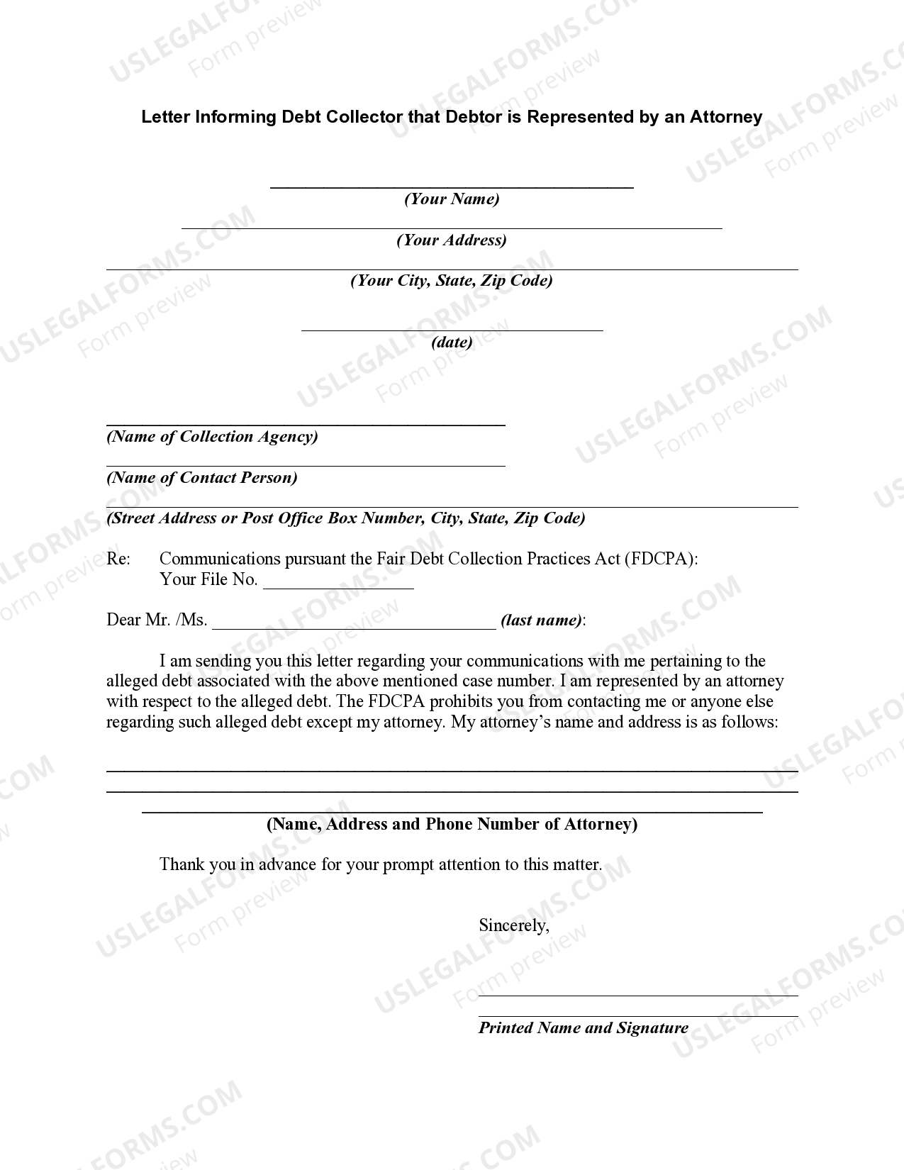 Letter Informing Debt Collector that Debtor is Represented by an ...