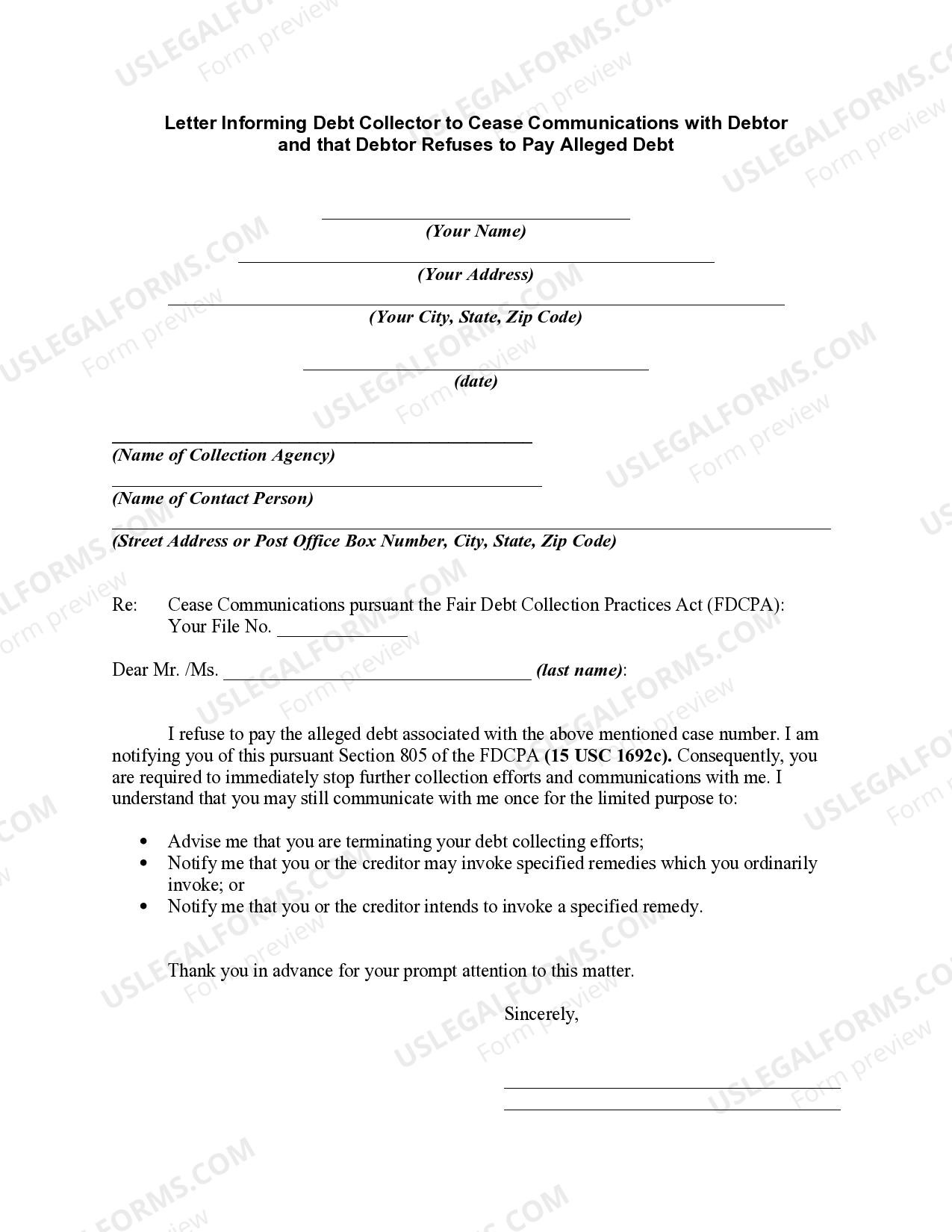Delaware Letter Informing Debt Collector to Cease Communications with ...