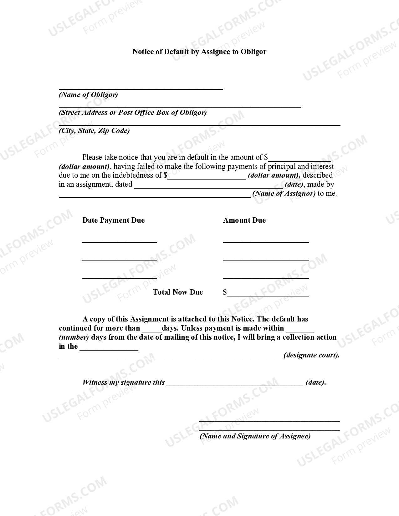 Notice of Default by Assignee to Obligor - Obligor | US Legal Forms