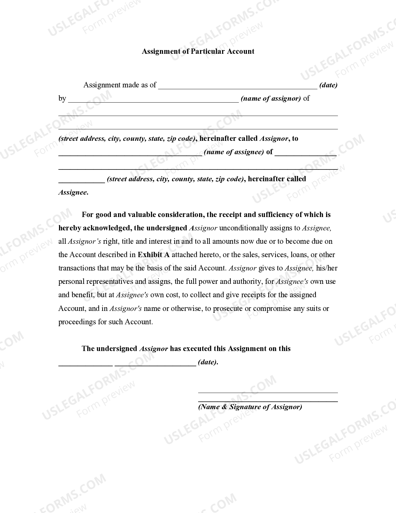 Assignment of Particular Account | US Legal Forms