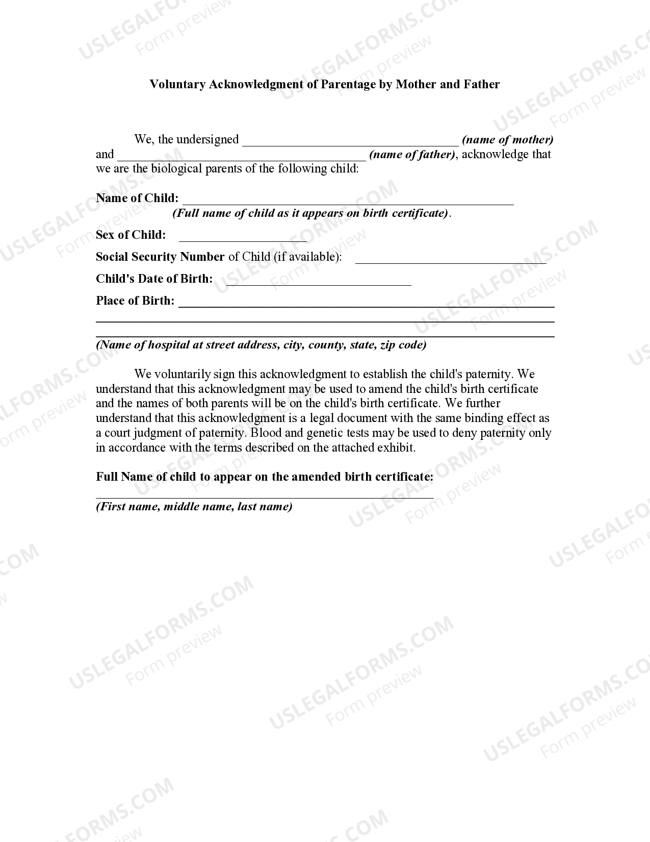 Voluntary Acknowledgment of Parentage By Mother and Father | US Legal Forms