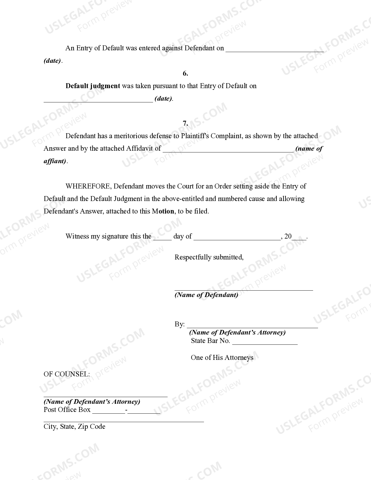Motion to Vacate or Set Aside Entry of Default and Default Judgment Due to Mistake, Inadvertence ...