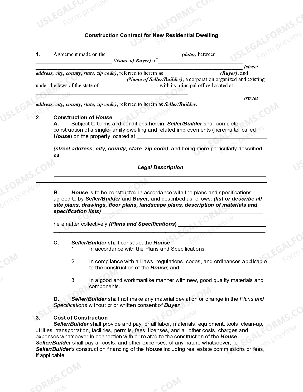 Construction Contract for New Residential Dwelling - New Dwelling | US ...