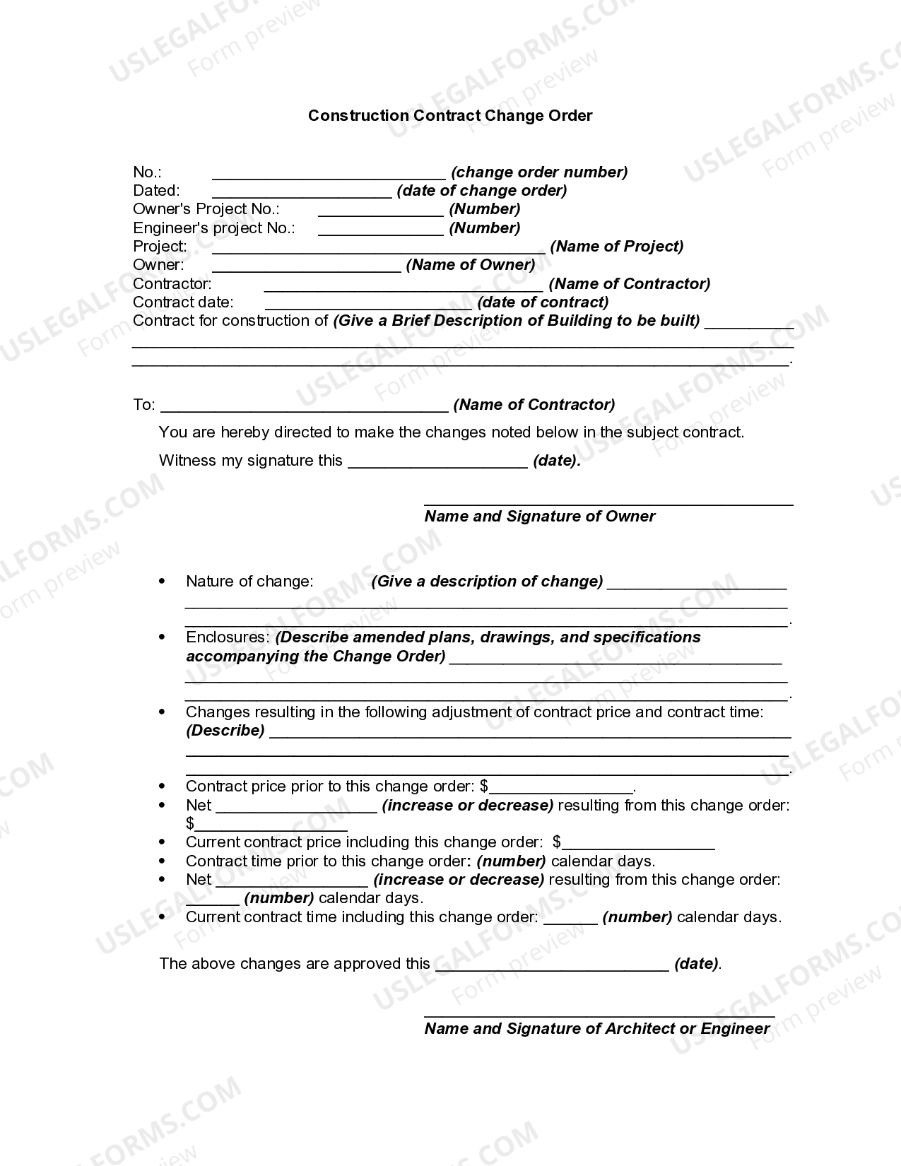 Construction Contract Change Order - Contract Change | US Legal Forms